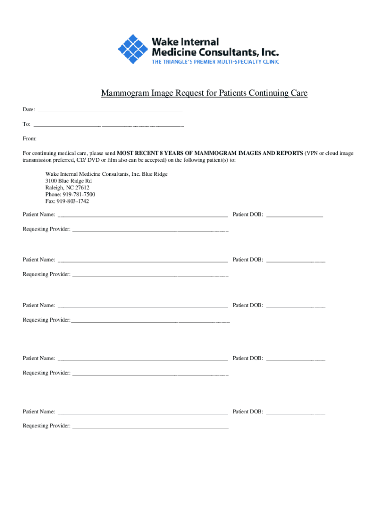 Fillable Online MAMMOGRAM IMAGE REQUEST for patients continuing care ...