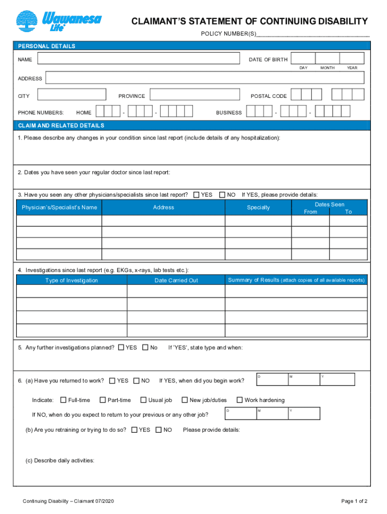 Fillable Online CLAIMANTS STATEMENT OF CONTINUING DISABILITY Fax Email ...