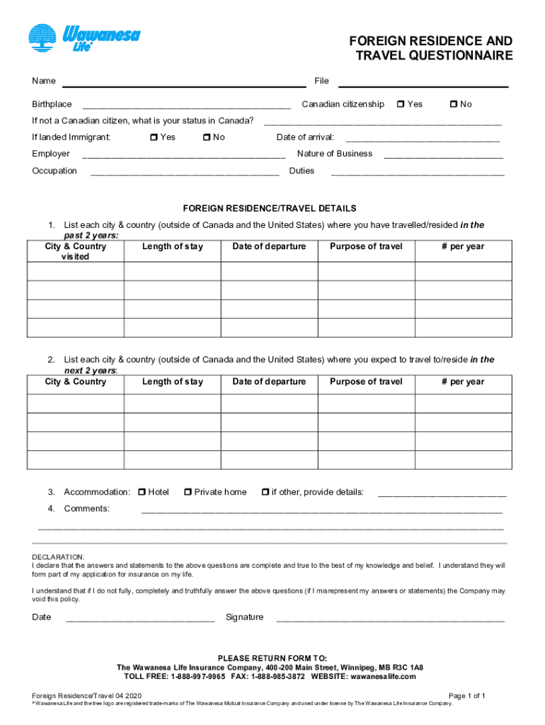 Fillable Online FOREIGN RESIDENCE AND TRAVEL QUESTIONNAIRE Fax Email ...
