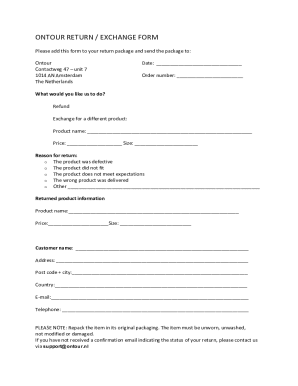 Fillable Online ONTOUR RETURN / EXCHANGE FORM Fax Email Print - pdfFiller