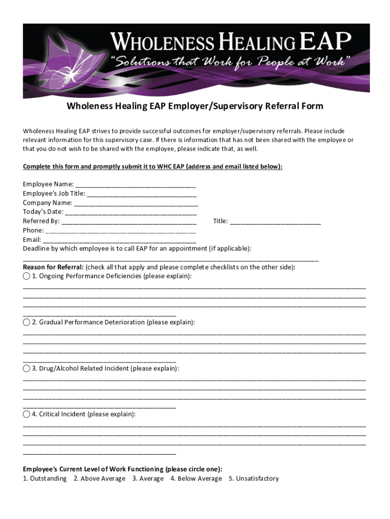 Fillable Online Wholeness Healing Center Employer EAP referral form ...