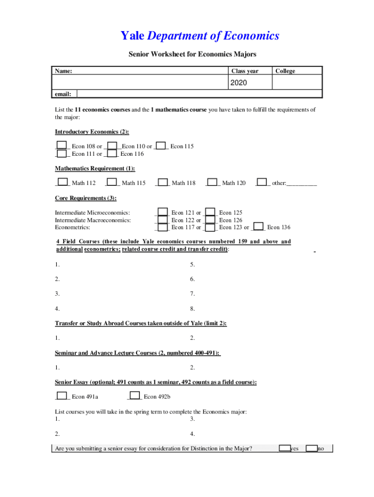Fillable Online economics yale Senior Worksheet for Economics Majors ...