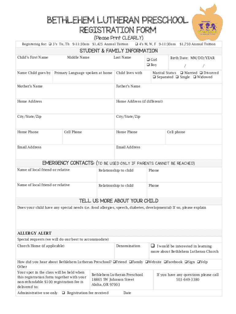 Fillable Online Medical office registration form. Bethlehem Lutheran ...