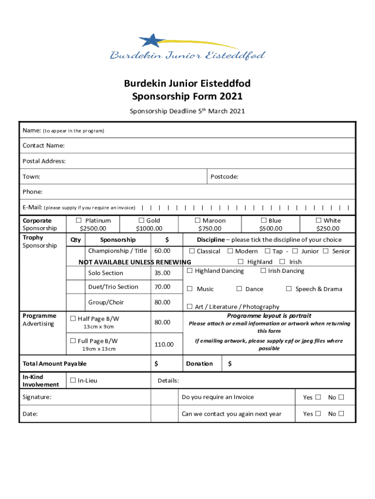 Fillable Online Burdekin Junior Eisteddfod Sponsorship Form 2021 Fax ...