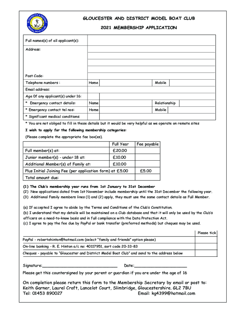 Fillable Online GLOUCESTER AND DISTRICT MODEL BOAT CLUB 2021 MEMBERSHIP ... Fax Email Print ...