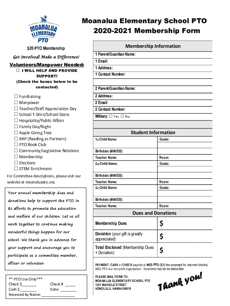 Fillable Online PTO Membership Form 2020-2021 Fax Email Print - pdfFiller