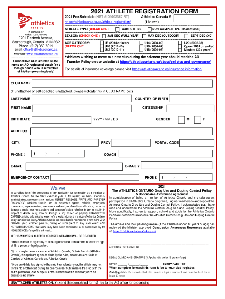 Fillable Online 2021 ATHLETE REGISTRATION FORM - Brampton Track Club ...