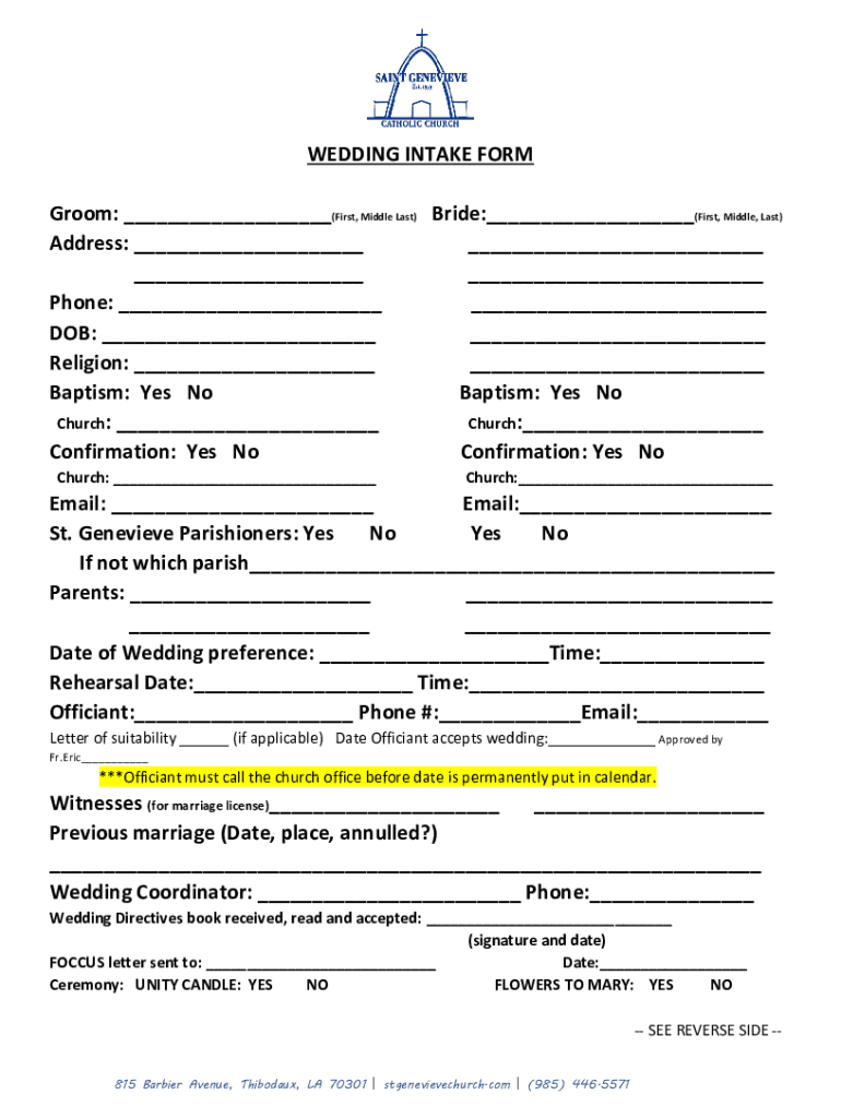 Fillable Online WEDDING INTAKE FORM Groom: (First, Middle Last) Bride ...