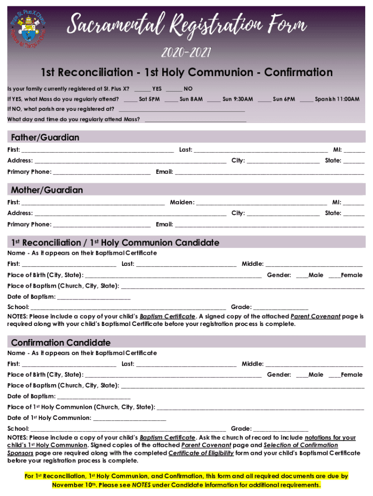 Fillable Online First Reconciliation, First Communion and ConfirmationFirst Reconciliation ...