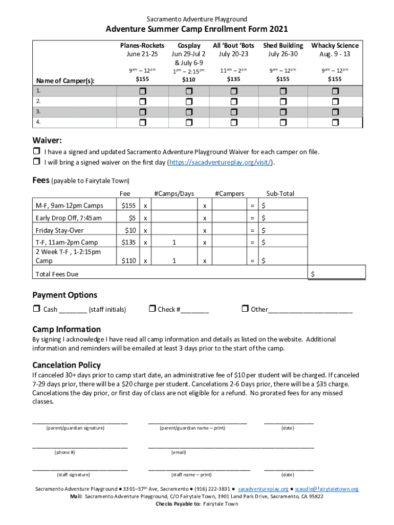 Fillable Online Adventure Camp Enrollment Form 2021 (Word) Fax Email ...