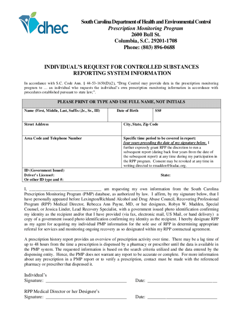 Fillable Online INDIVIDUALS REQUEST FOR CONTROLLED SUBSTANCES REPORTING ...