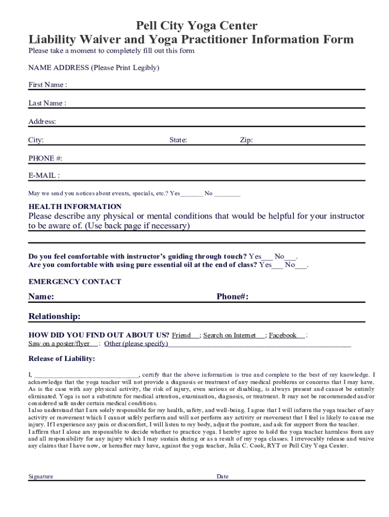 Fillable Online Yoga Release And Waiver Of Liability (Yoga Teacher Only ...