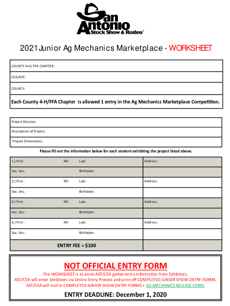 Fillable Online 2021 Junior Ag Mechanics Marketplace - WORKSHEET Fax ...