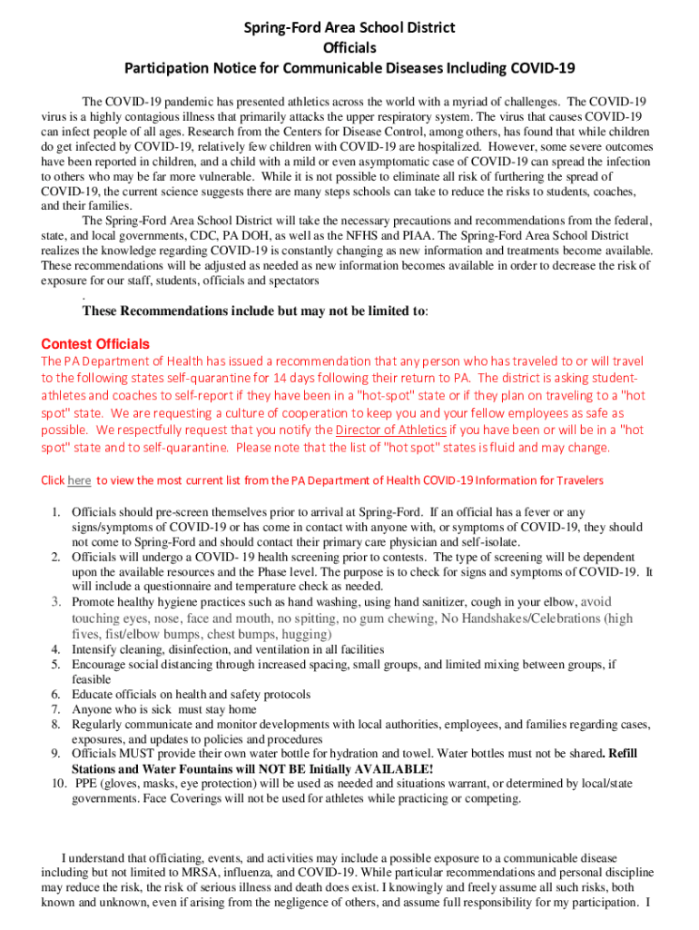 Fillable Online Reopening Plan - Spring-Ford Area School ...