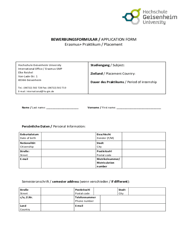 Fillable Online BEWERBUNGSFORMULAR / APPLICATION FORM Erasmus+ ...