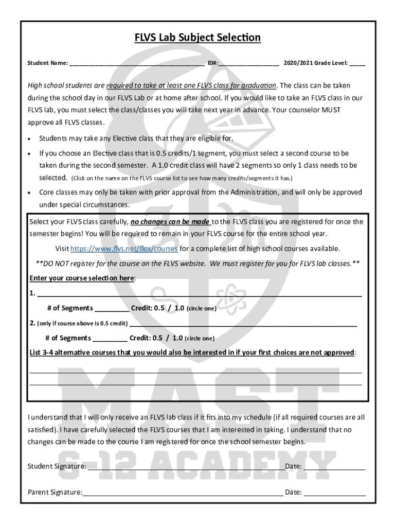 Fillable Online FLVS Lab Subject Selection Form - Jose Marti MAST Fax ...