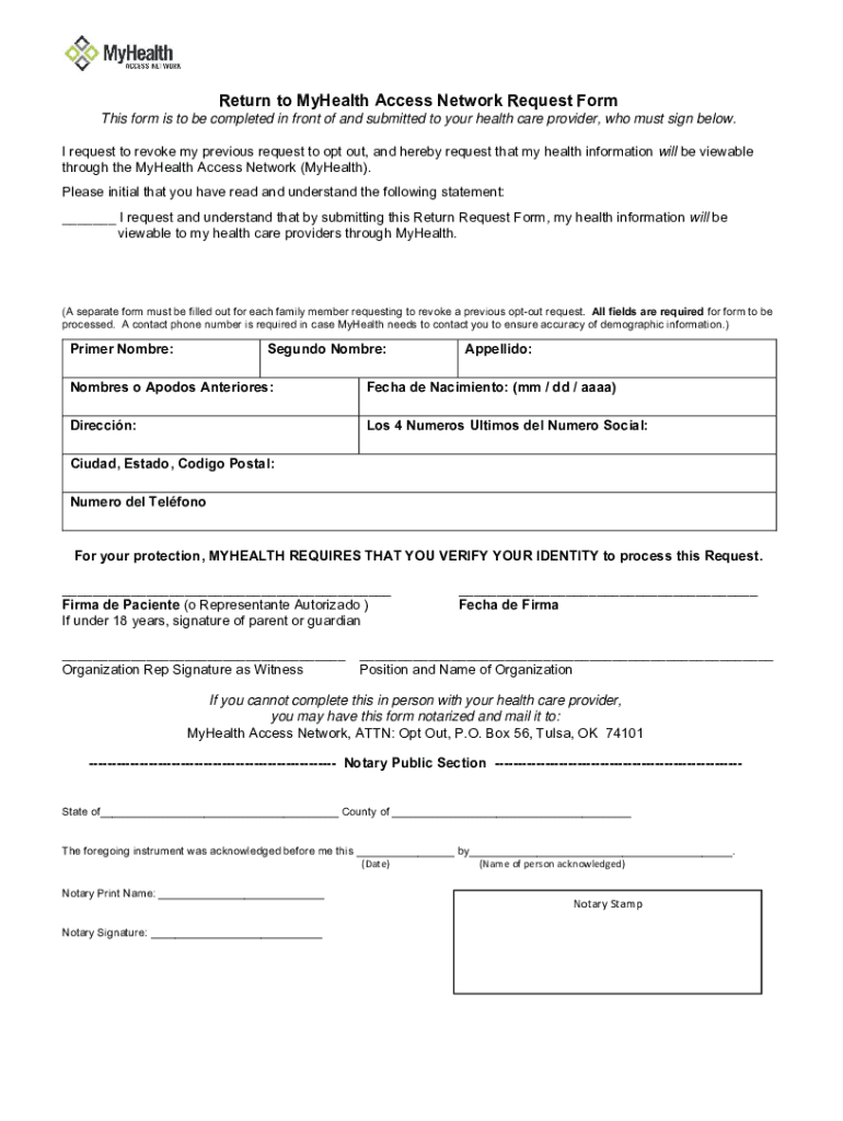 Fillable Online Return to MyHealth Access Network Request Form This ...