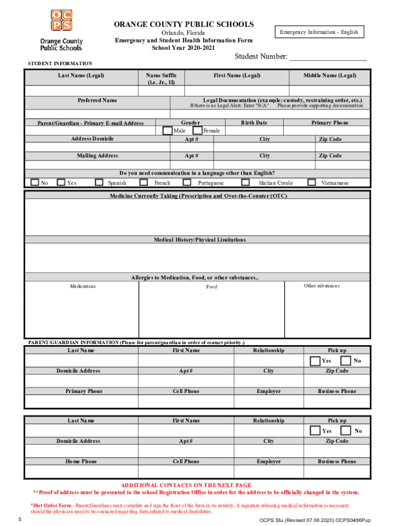 Fillable Online Emergency and Student Health Information Form Fax Email ...