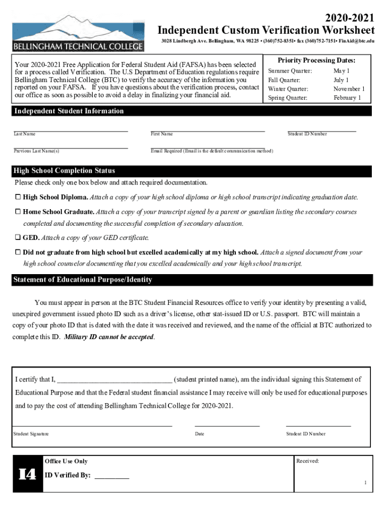 Fillable Online 2020-2021 Independent Custom Verification Worksheet. Independent Custom ...