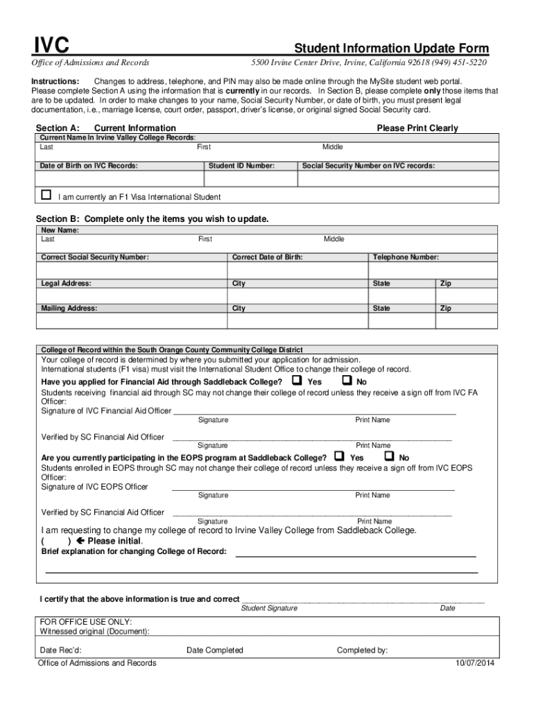 Fillable Online Student FormsFinancial Aid Office - Irvine Valley ...