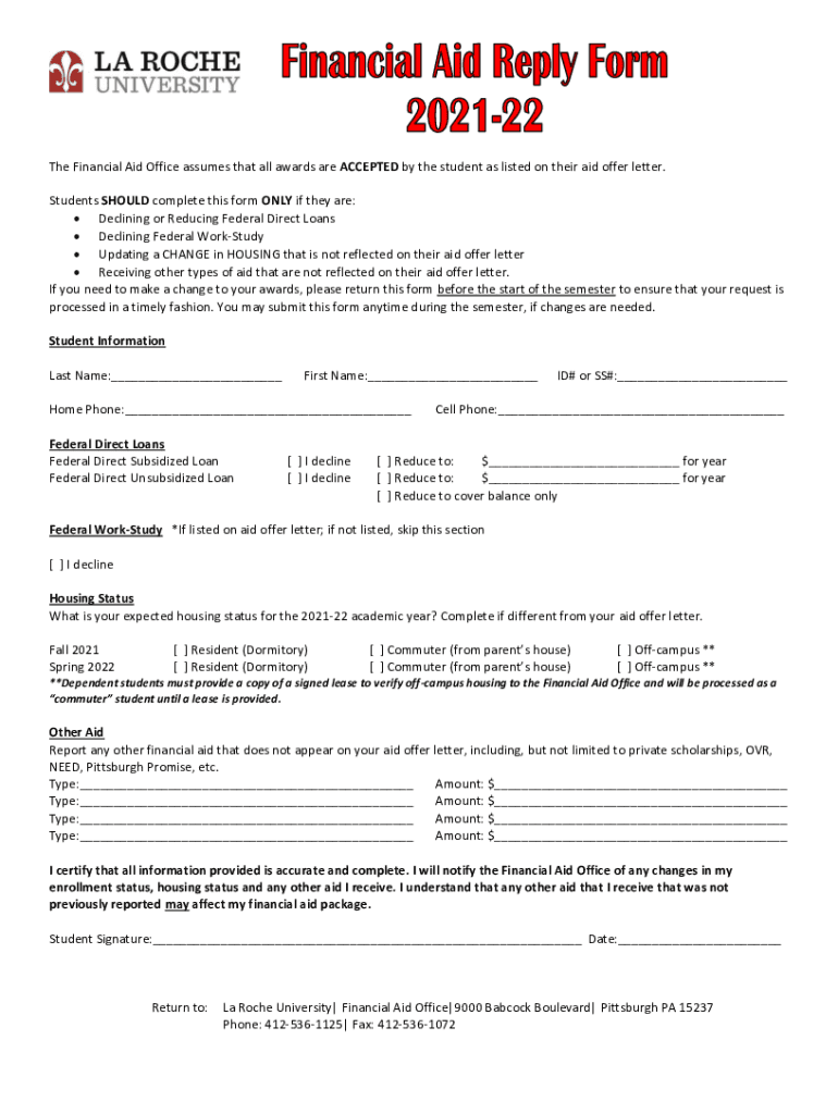 Fillable Online The Financial Aid Office assumes that all awards are ...