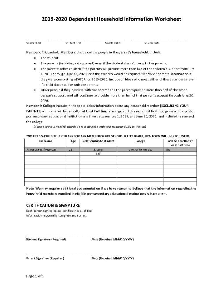 Fillable Online 2019-2020 Dependent Household Information Worksheet Fax ...