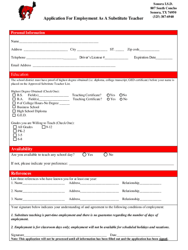 Fillable Online Substitute Application Form - Sonora Independent School ...