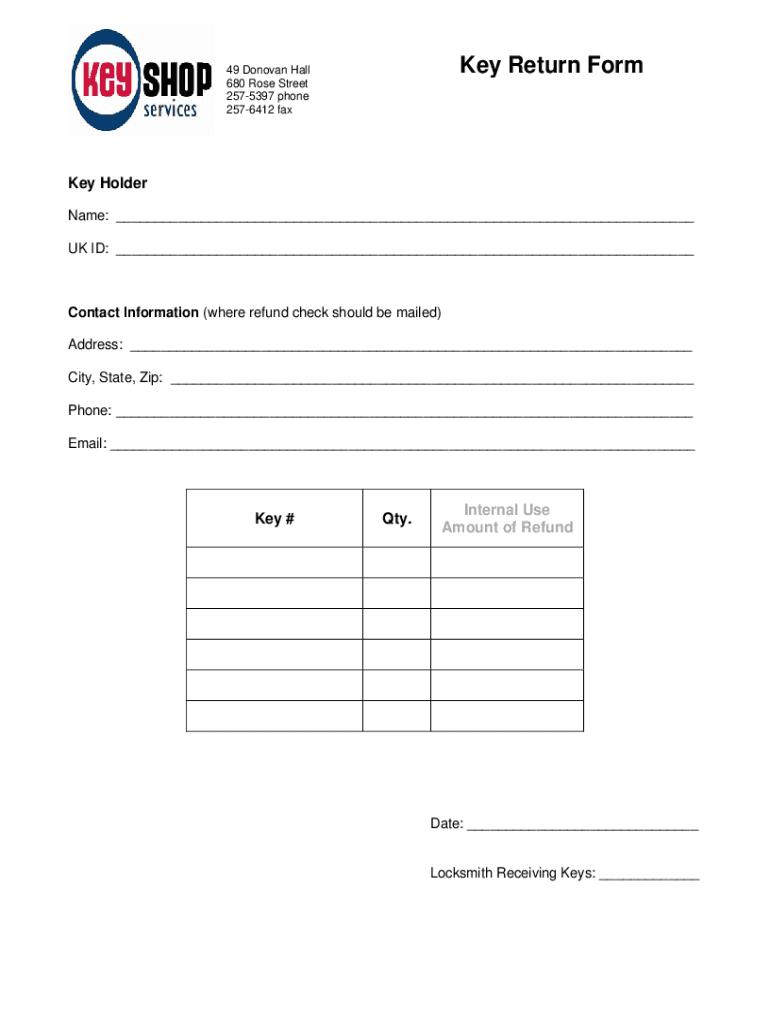 Fillable Online Key Return Form - University of Kentucky Fax Email ...