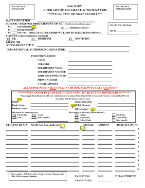 Fillable Online SFA USE ONLY SAG FORM SFA USE ONLY SCHOLARSHIP AND ...
