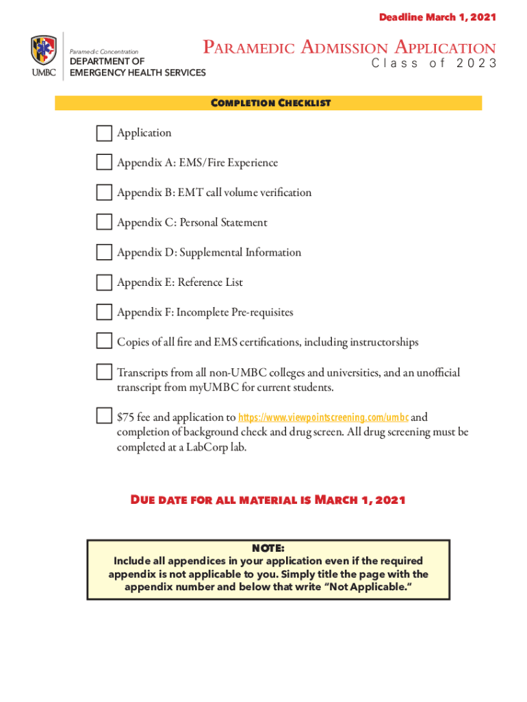 Fillable Online ehs umbc Paramedic admission aPPlication DEPARTMENT OF ...