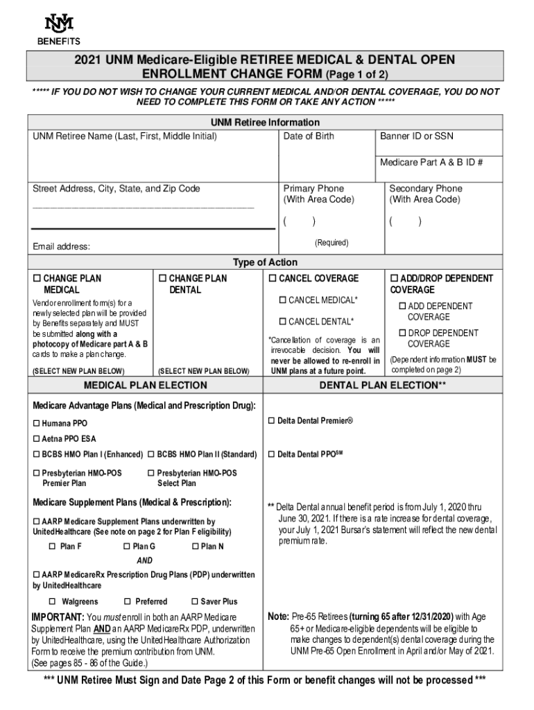 Fillable Online hr unm MEDICAL & DENTAL BENEFITS Effective Date: 20-2021 Change Form ... Fax ...