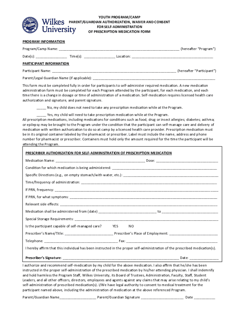 Fillable Online Wilkes University - Self Administration of Medication ...