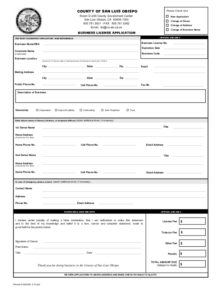 Fillable Online Application for Business License - San Luis Obispo ...
