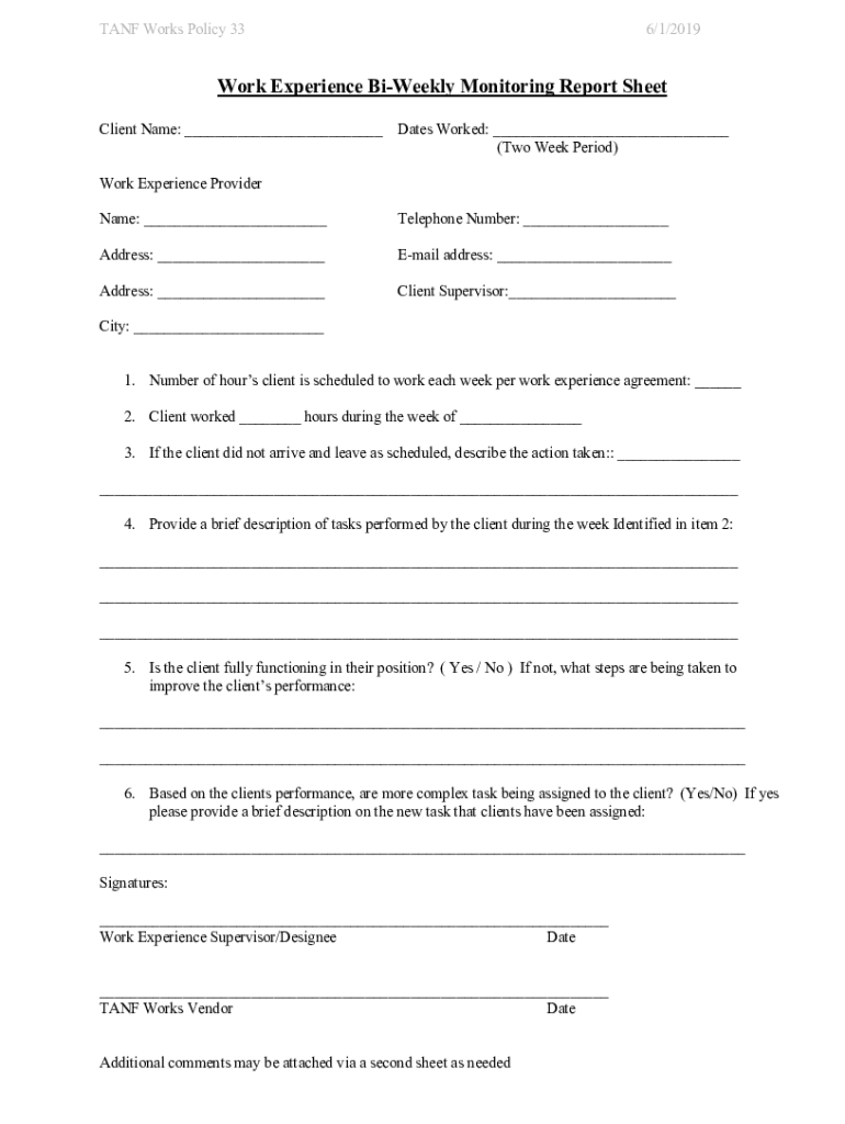 Fillable Online Work Experience Bi-Weekly Monitoring Report Sheet Fax ...