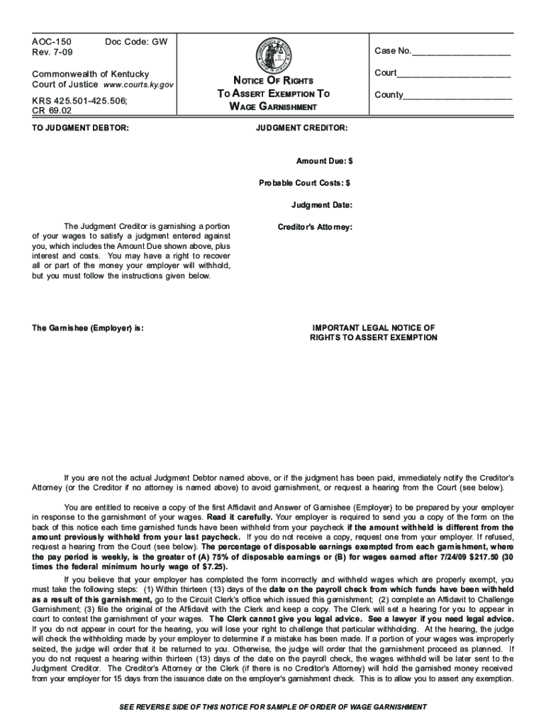 Fillable Online AOC-150 Doc Code: GW K O N Case No. Rev. 7 ...