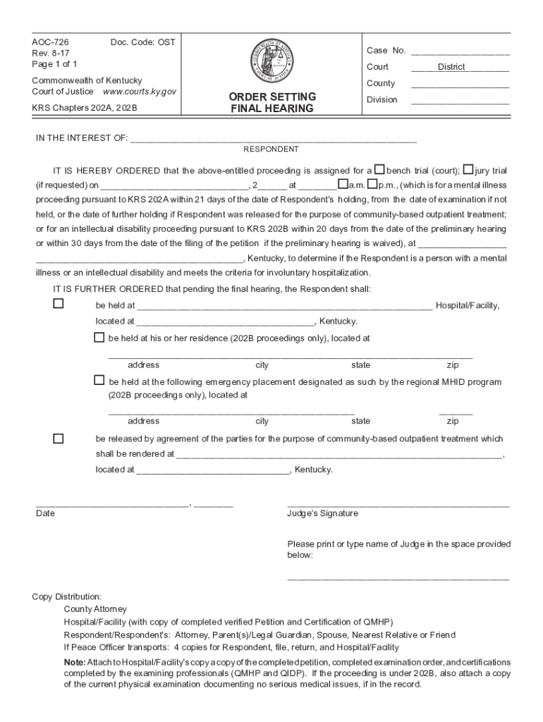 Fillable Online www.courts.ky.gov ORDER SETTING KRS Chapters ...