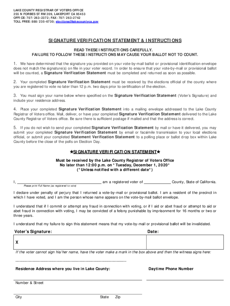 Fillable Online SIGNATURE VERIFICATION STATEMENT & INSTRUCTIONS Fax ...