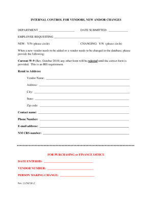 Fillable Online INTERNAL CONTROL FOR VENDORS, NEW AND/OR CHANGES Fax ...
