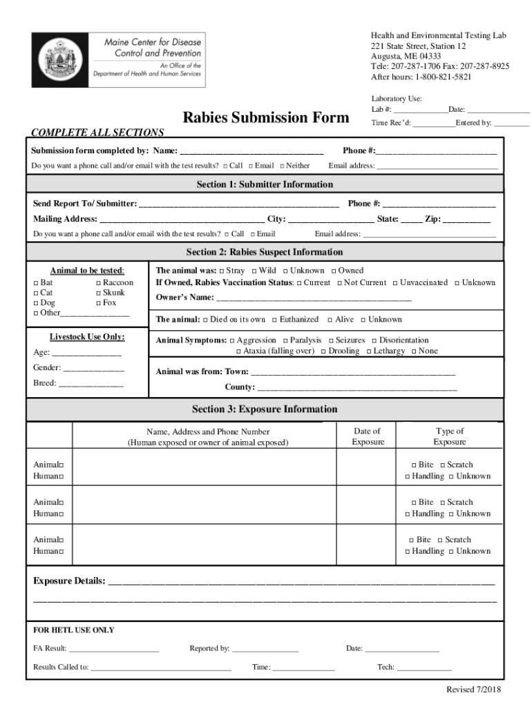 Fillable Online Rabies Submission Form Time Recd: - Maine.gov Fax Email ...