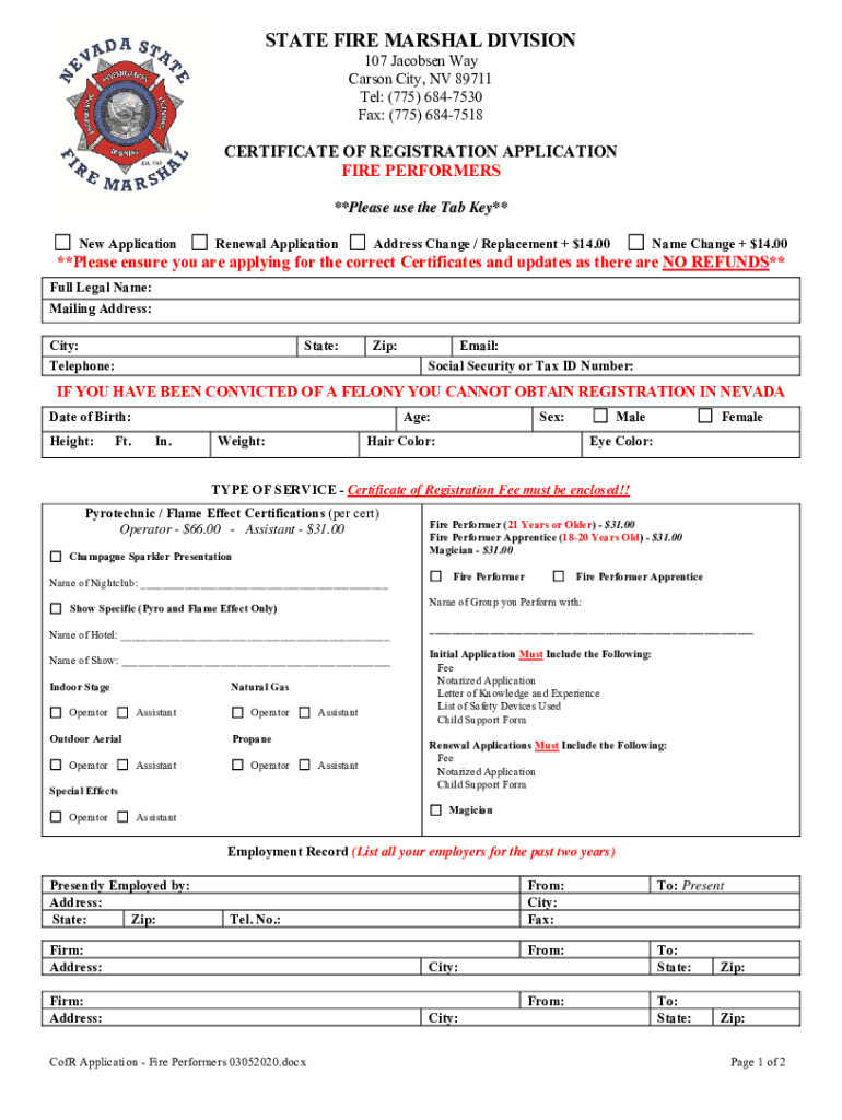 Fillable Online CofR Application - Fire Performers 03052020.docx Fax ...