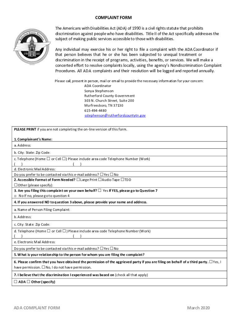 Fillable Online Americans With Disabilities Act (ADA) Resident ...