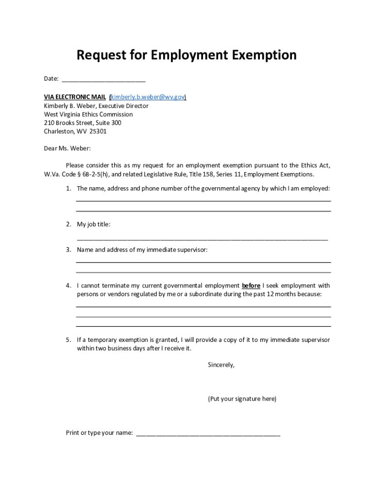 Fillable Online ethics wv Request for Employment Exemption - ethics.wv ...