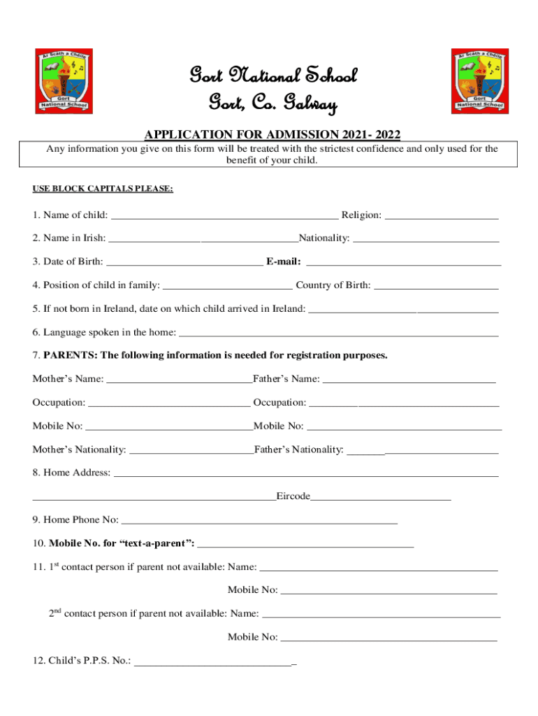 Fillable Online PDF Enrolment Form 2021-2022 - Gort National School Fax ...