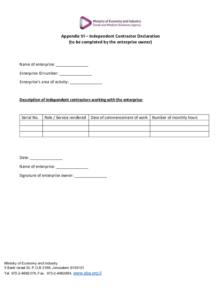 Fillable Online Appendix VIIndependent Contractor Declaration (to be ...