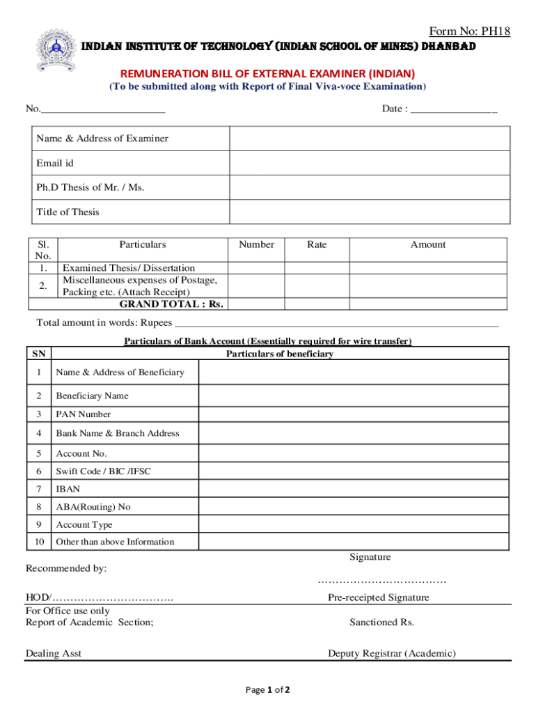Fillable Online REMUNERATION BILL OF EXTERNAL EXAMINER (INDIAN) (To be ...