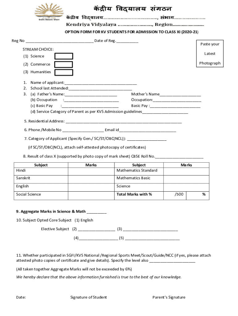 Fillable Online OPTION FORM FOR KV STUDENTS FOR ADMISSION TO CLASS XI ...