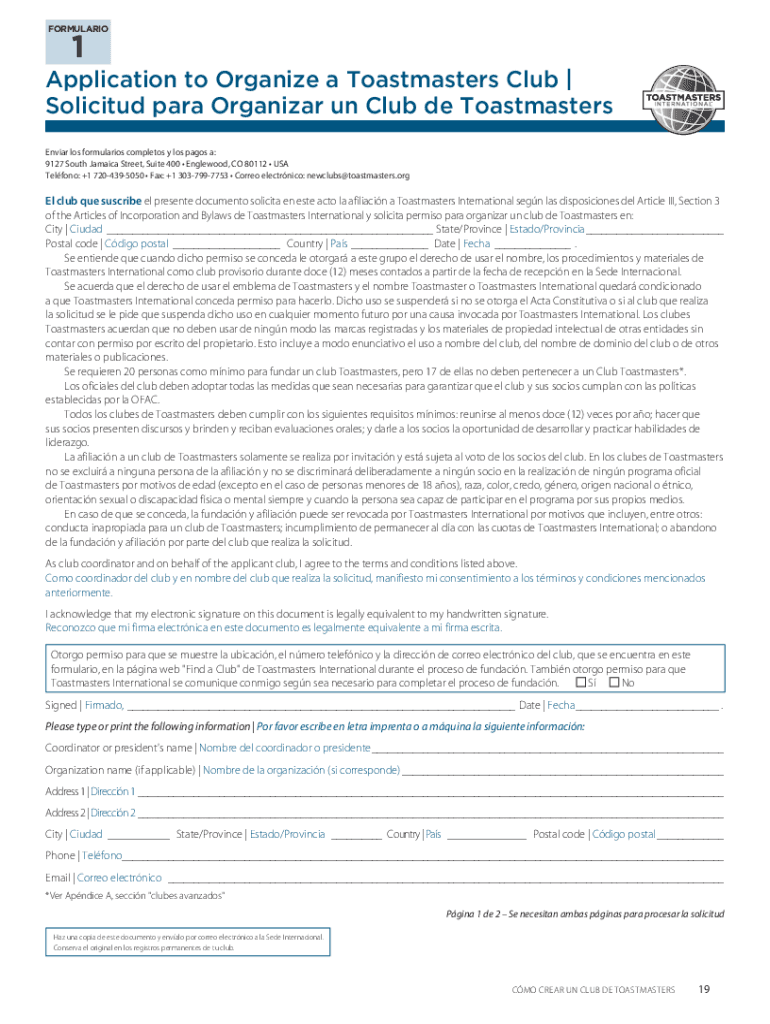 Fillable Online Solicitud para Organizar un Club de Toastmasters Fax ...