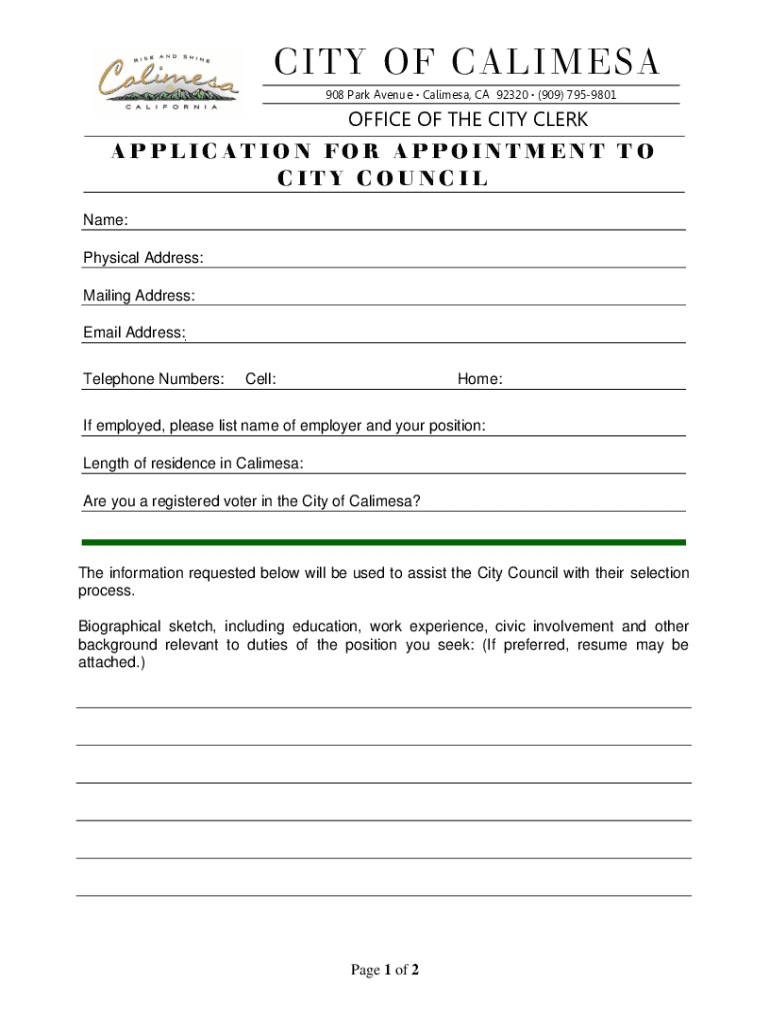 Fillable Online CITY COUNCIL APPOINTMENT APPLICATION FORM Fax Email ...
