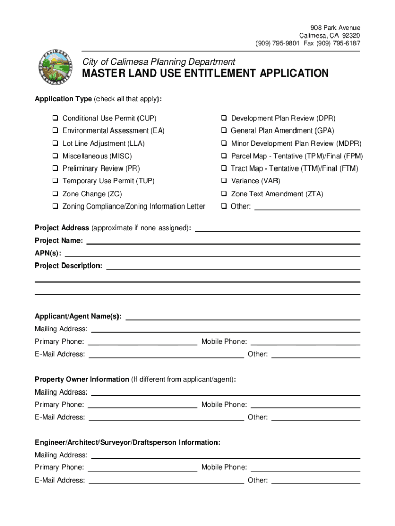 Fillable Online City of Calimesa Planning Department MASTER LAND USE ...