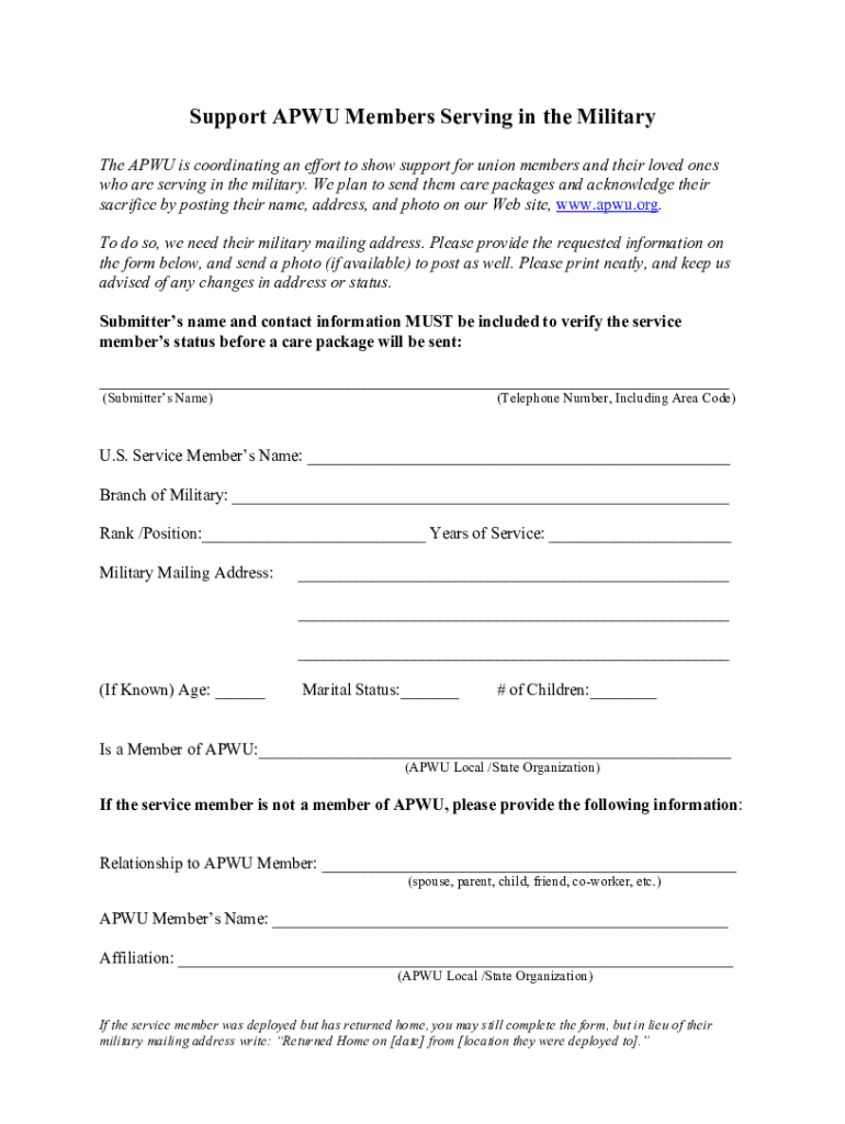 Fillable Online Support APWU Members Serving in the Military. Support ...